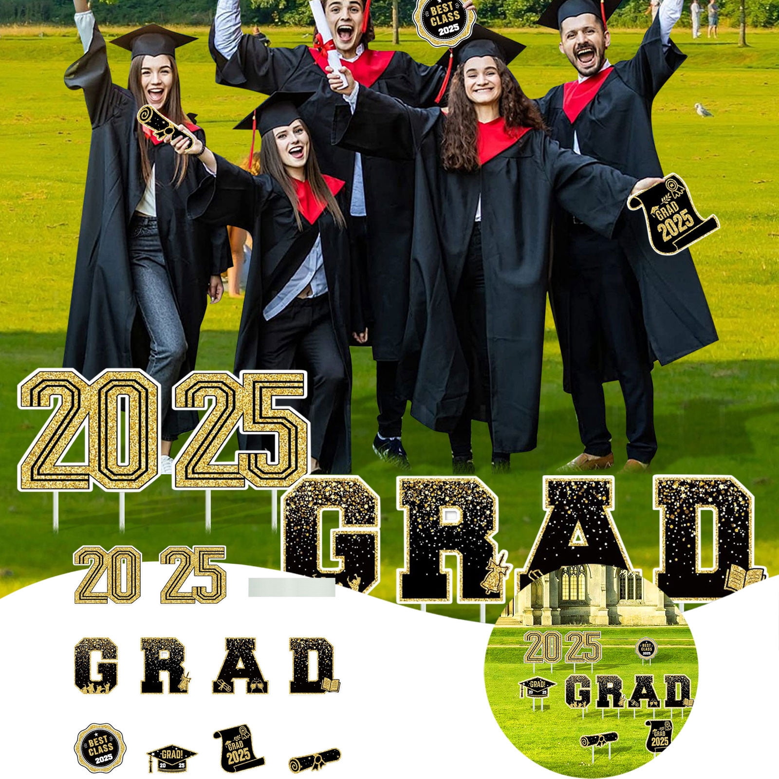 Graduation Decorations Yard Signs 10PCSBlack and Gold Glitter Congrats ...