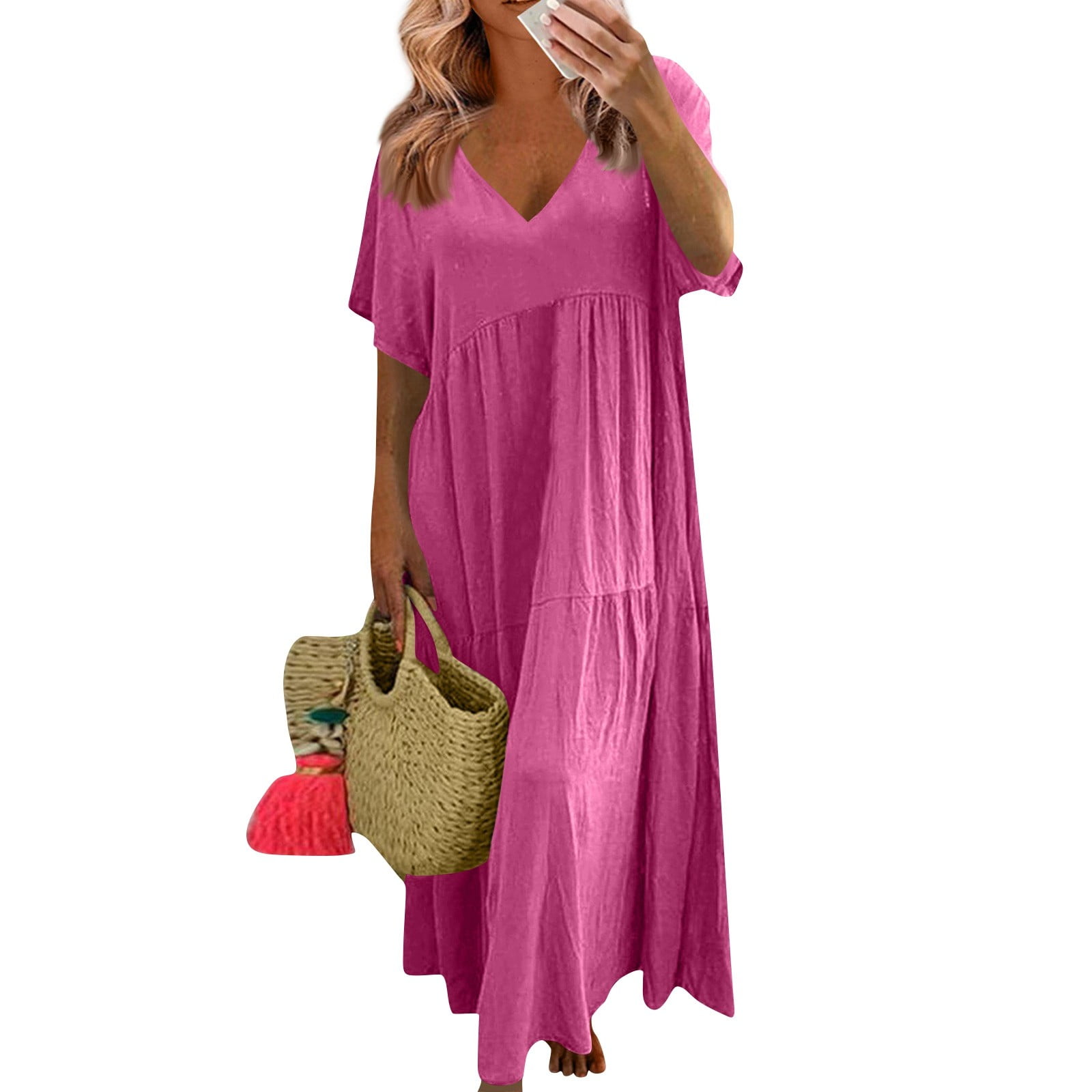 Graduation Dresses, Casual Linen V Neck Short Sleeves Loose Long Maxi ...