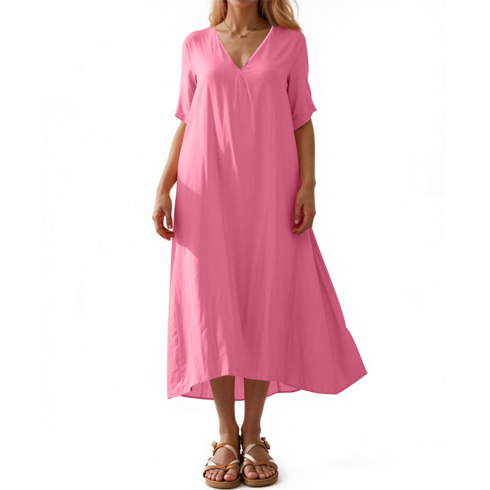 Graduation Dresses, Linen Casual Loose Fit V Neck Midi Dress ...