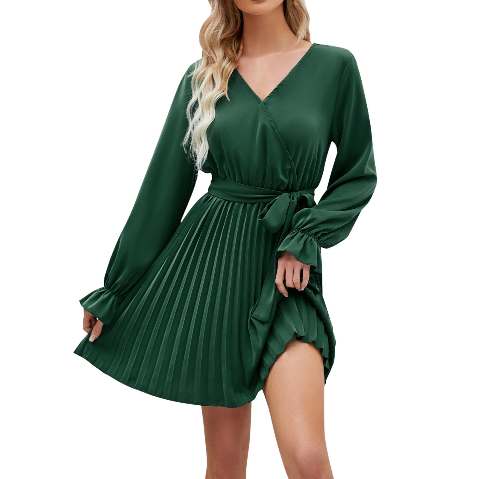 Graduation Dresses Long Sleeve Wrap V Neck Pleated Mini Dress A Line ...