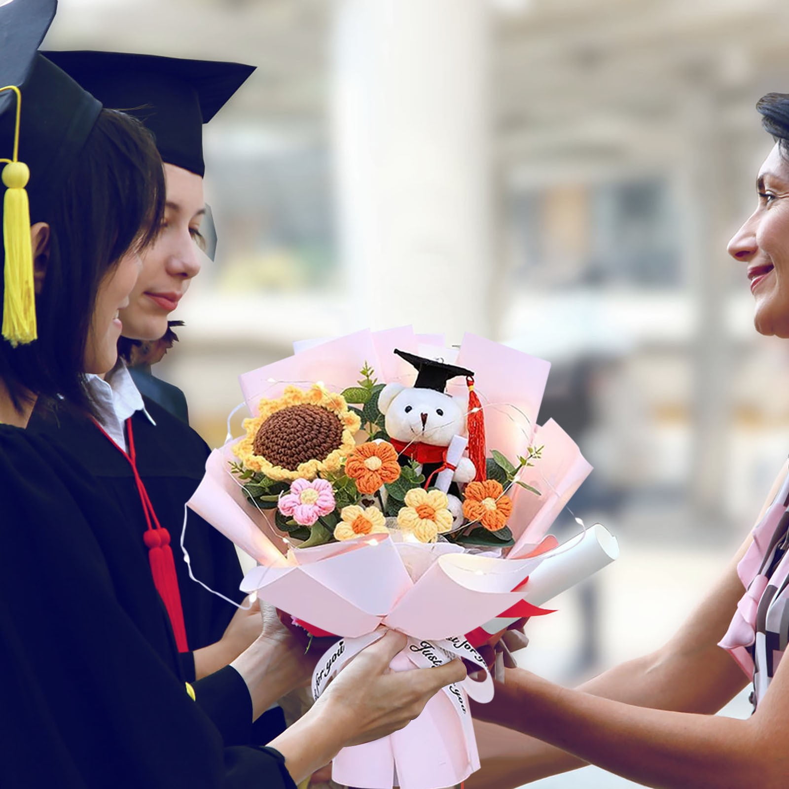 Graduation Gift Set, Knitted Flower Bouquet, Soft Plush Bear, Gift Bag ...