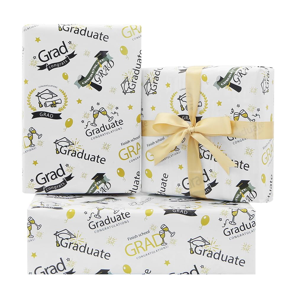 Graduation Gift Wrapping Paper, 4 Sheets White and Grad Gift Wrap ...