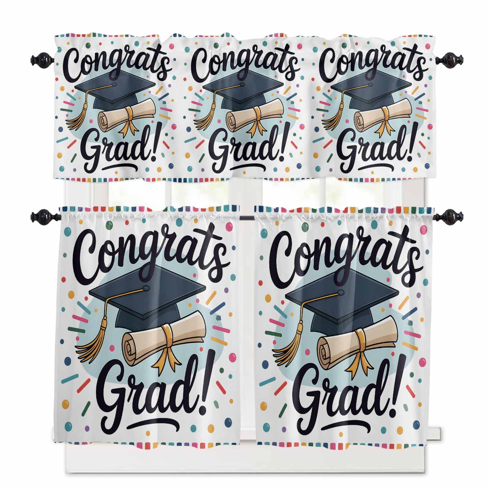 Graduation Hat Kitchen Curtains Valance and Tier Set Certificate Of ...