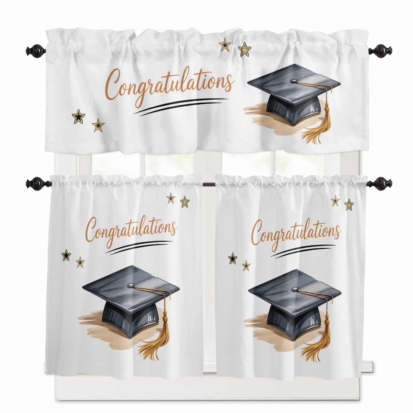 Graduation Hat Kitchen Curtains Valance and Tier Set Stars Celebration ...