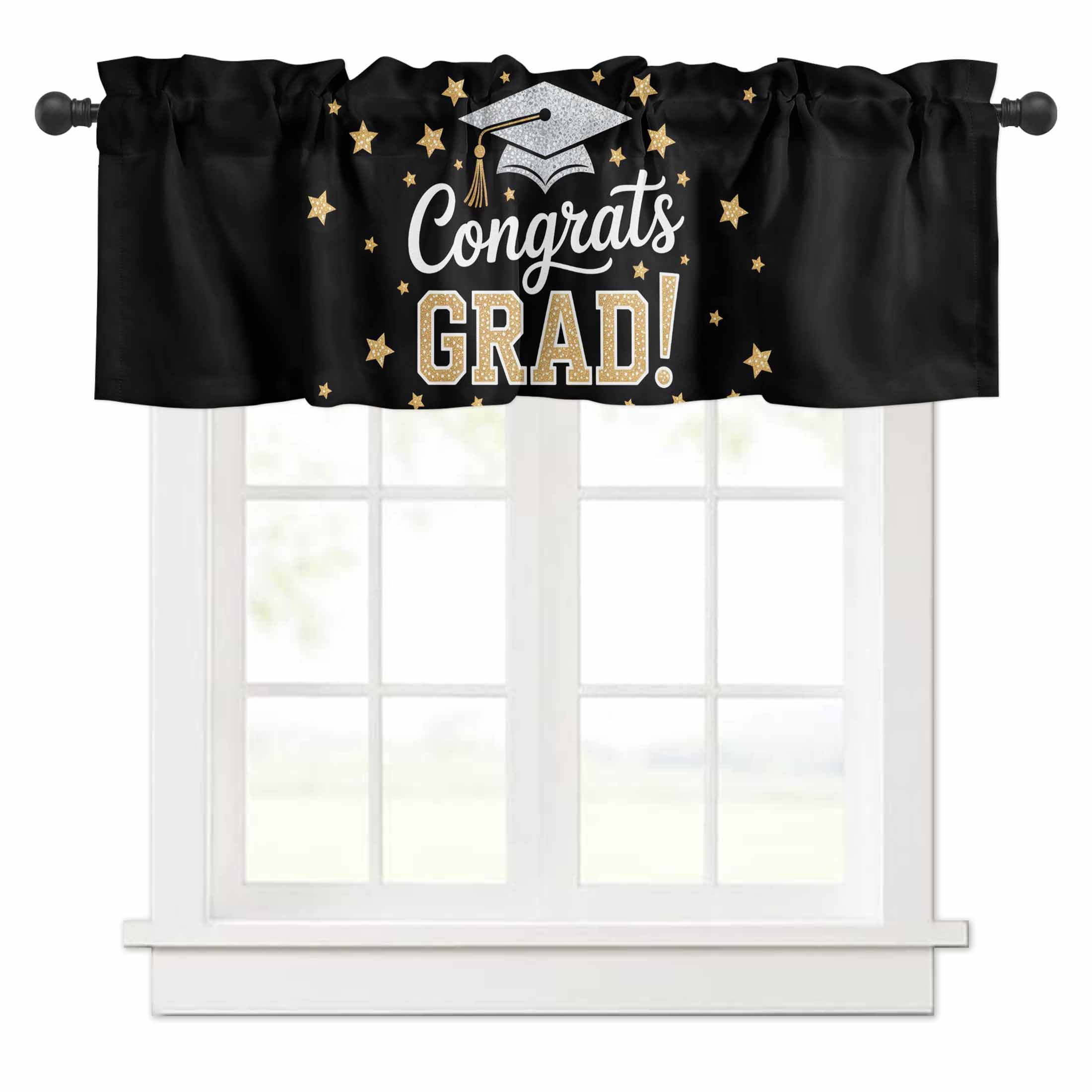 Graduation Hat Valances for Windows Yellow Star Black Background ...