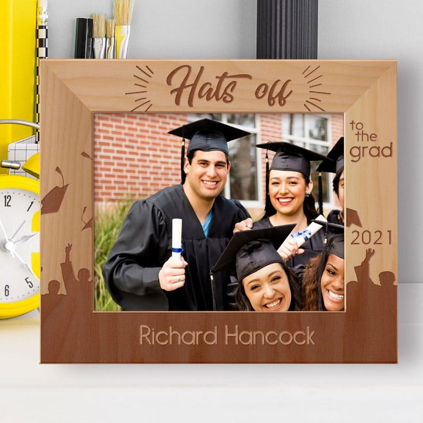 Graduation Hats Off Personalized Wooden Frame-10" x 8" Brown Horizontal ...