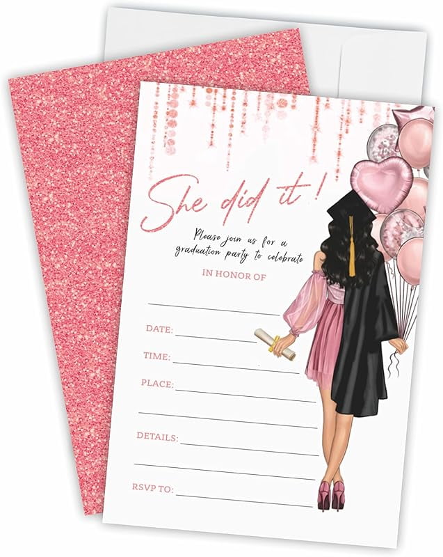 Graduation Invitation Cards - Pink Balloons & Grad Girl She Did It - 20 ...
