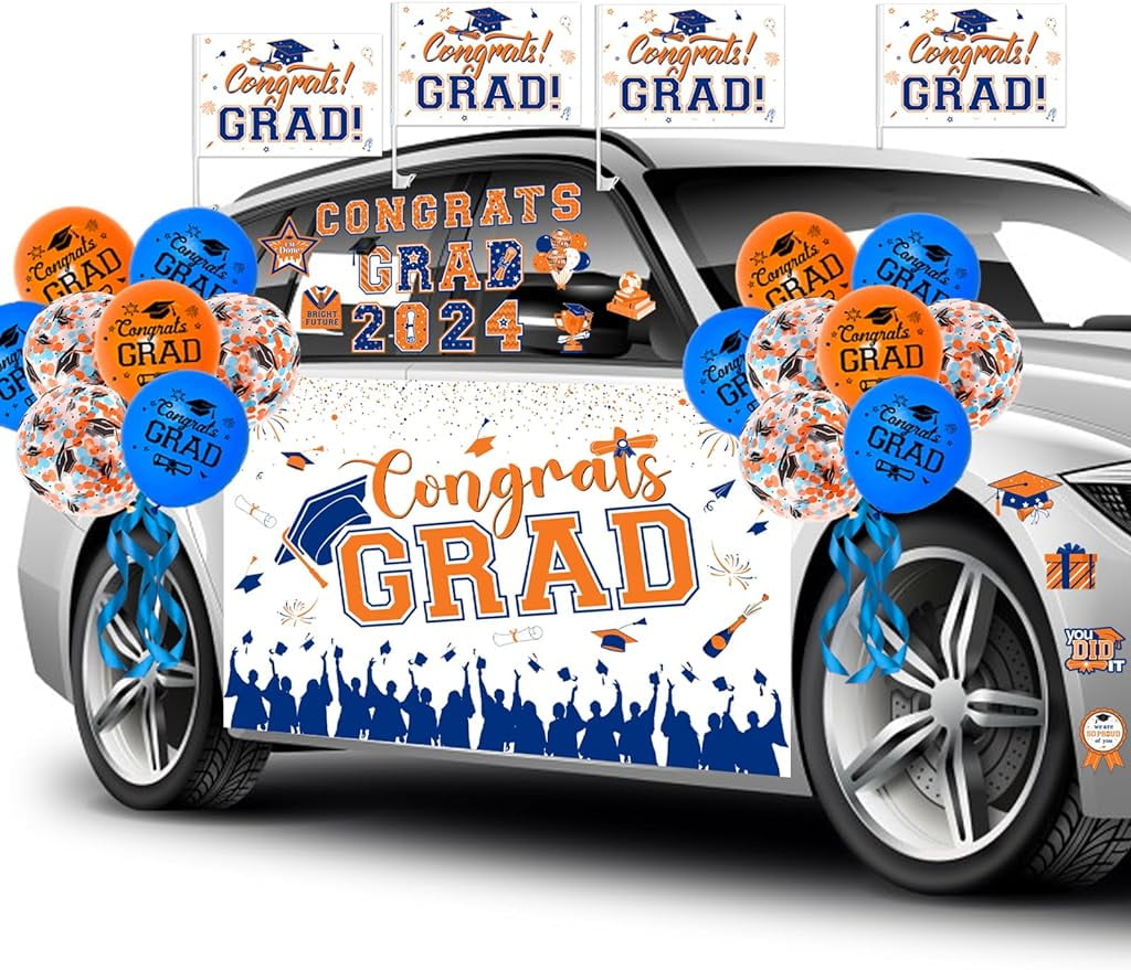 Graduation Parade Car Decorations, Orange and Blue Class Of 2024 ...