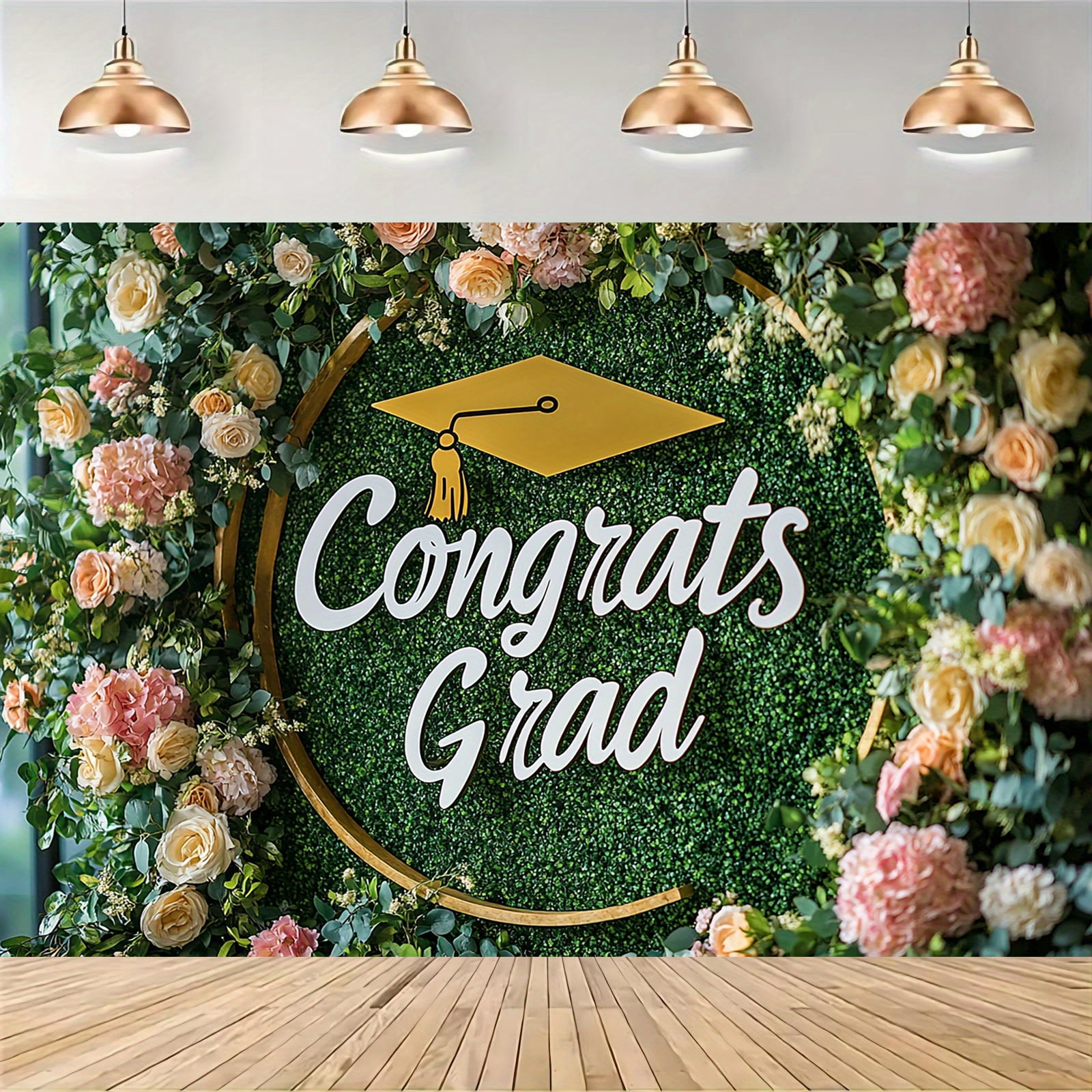 Graduation Party Backdrop Banner - Elegant Green Grass & Floral Design ...