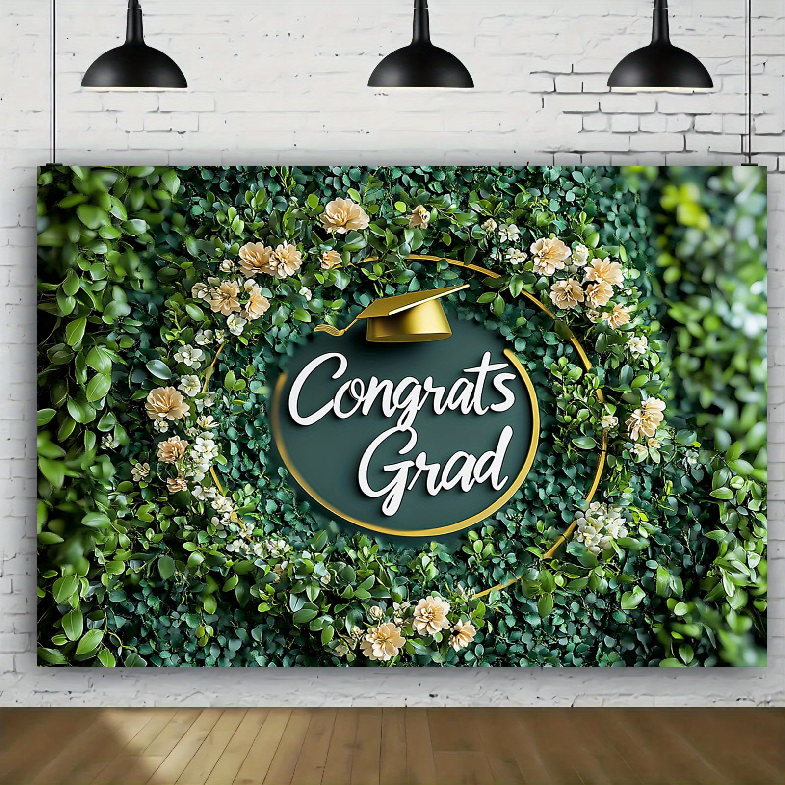 Graduation Party Backdrop Banner with Green Garland & Floral Design ...