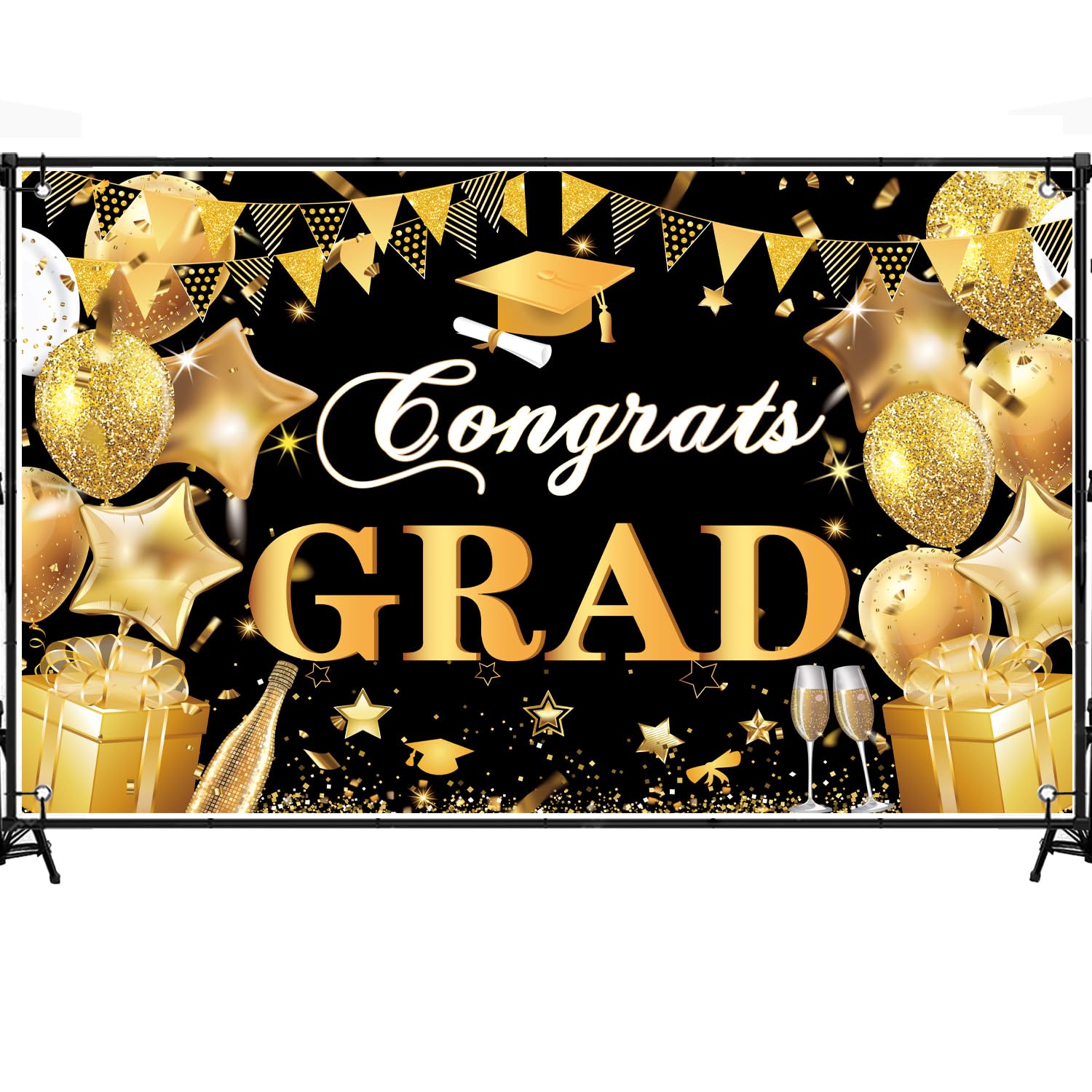 Graduation Party Backdrop Banner MSF2 Black and Gold Congrats Grad ...
