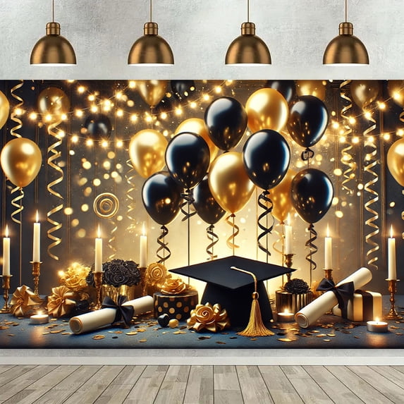 Graduation Party Backdrop Banner,Polyester Fabric, Golden Balloons ...