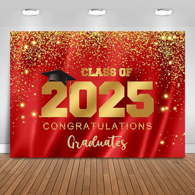 Graduation Party Backdrop Class of 2025 Red Gold Glitter Background ...
