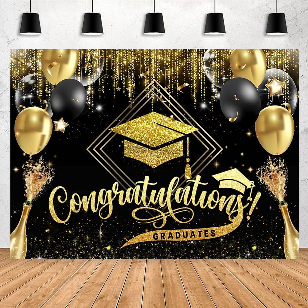 Graduation Party Backdrop Congrats Grad Photo Backdrop Gold and Black ...