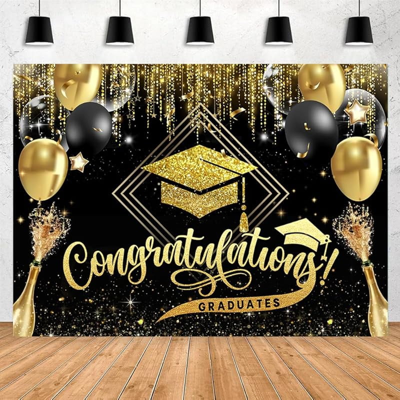 Graduation Party Backdrop Congrats Grad Photo Backdrop Gold and Black ...