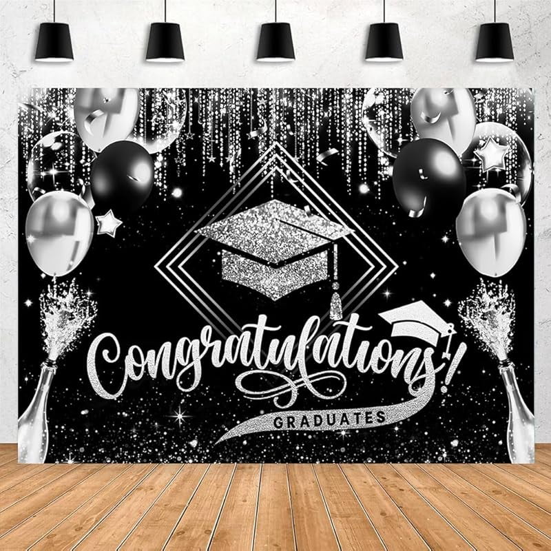 Graduation Party Backdrop Congrats Grad Photo Backdrop Silver and Black ...