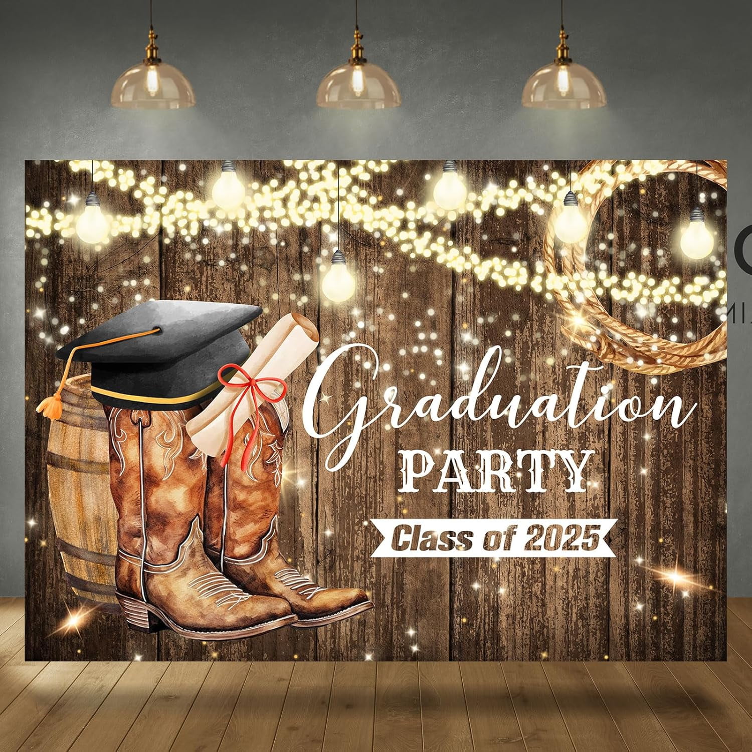 Graduation Party Backdrop Western Cowboy Rustic Rodeo Boots Wooden ...