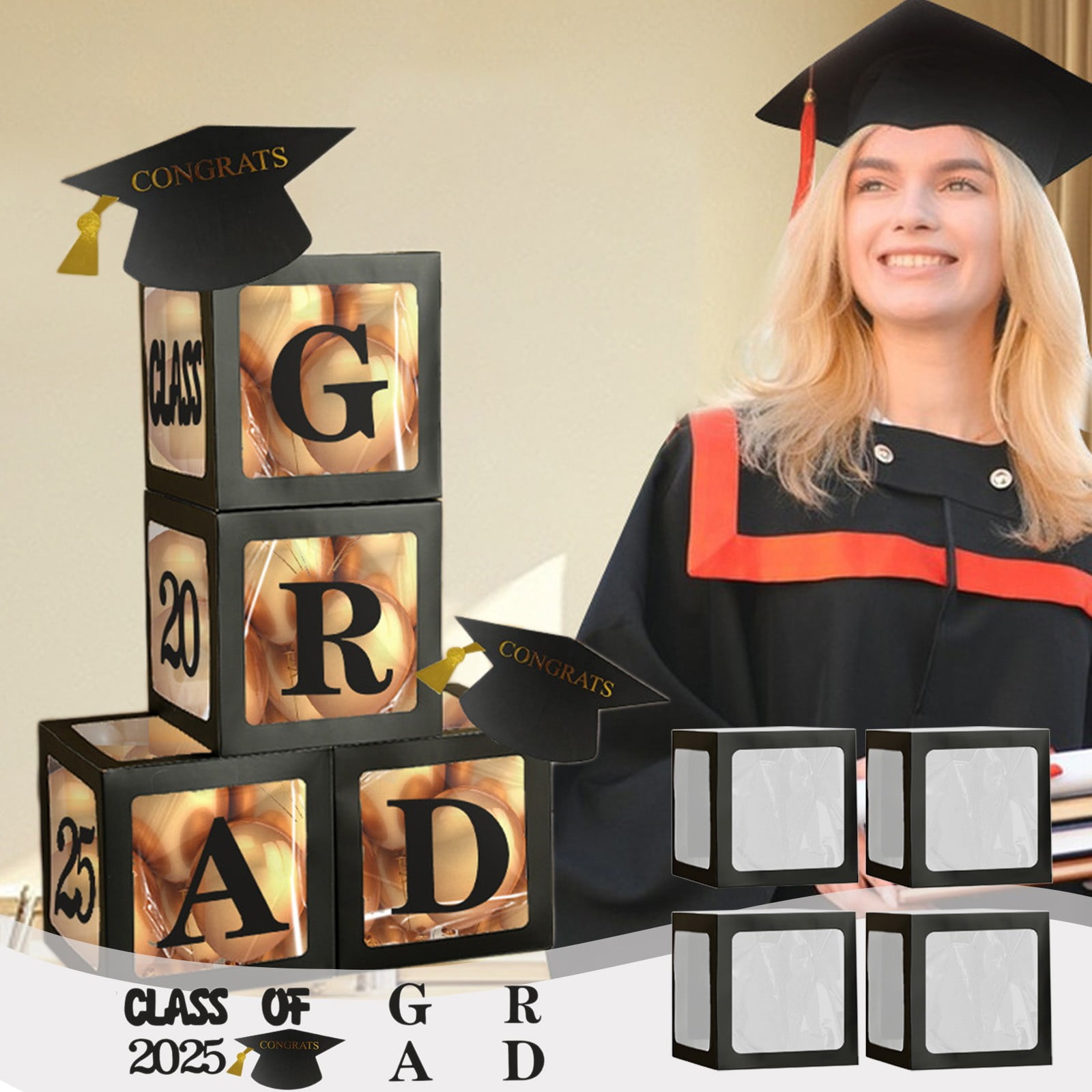 Graduation Party Balloons Box Set - 4 Pack 11.8" Square PVC Display Boxes with Decorative ...