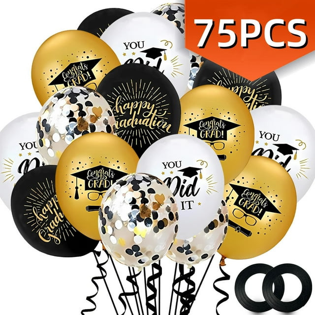 Graduation Party Decorations - 75 Pack of 12 Inch Black Gold Graduation ...