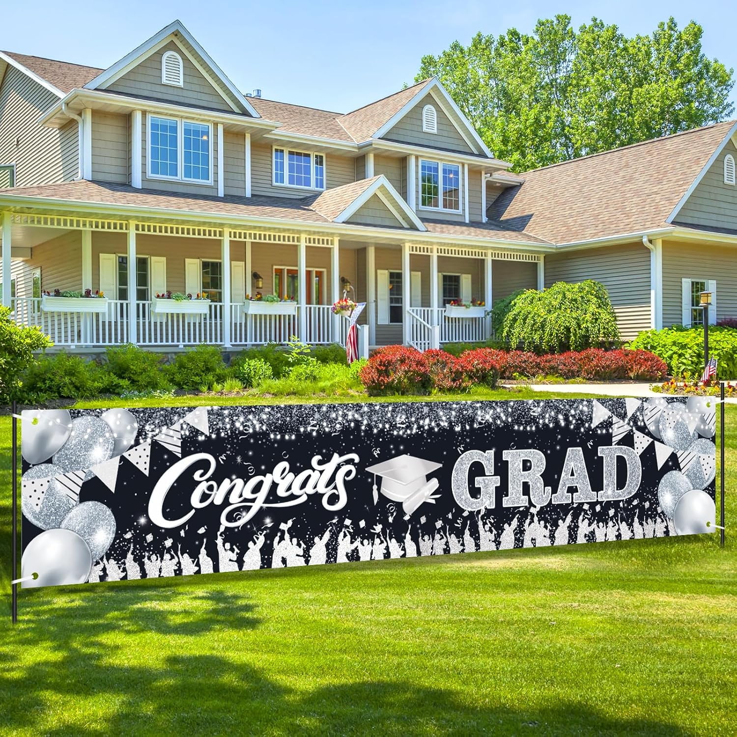 Graduation Party Decorations Banner Class of 2024 Black Silver Congrats ...