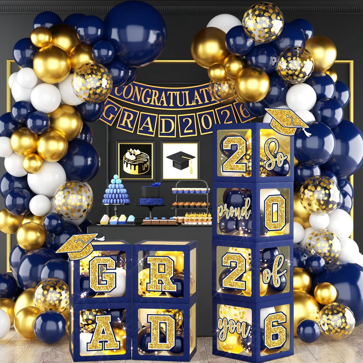 Graduation Party Decorations Class Of 2026,Navy Blue and Gold 2026 ...