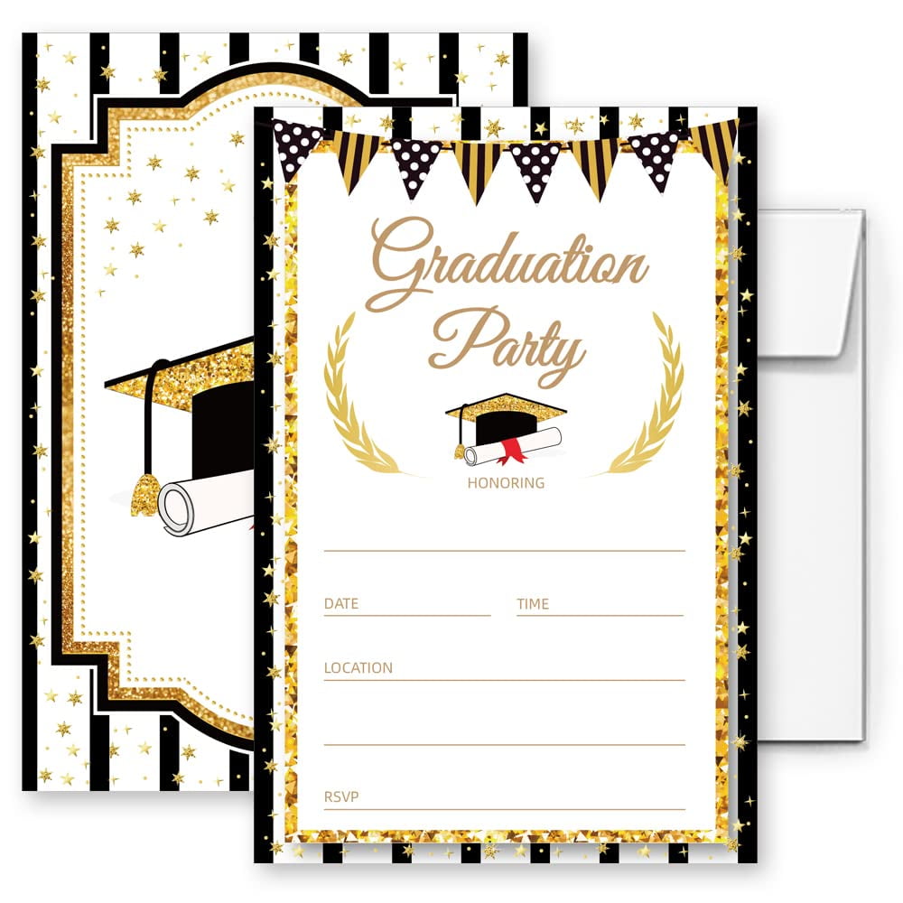 Graduation Party Gold Black Invitations - 20 Pack with Envelopes ...