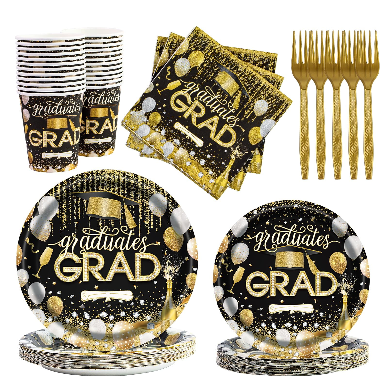 Graduation Party Paper Plates and Napkins AFN1Cups Forks 120 pcs Black ...