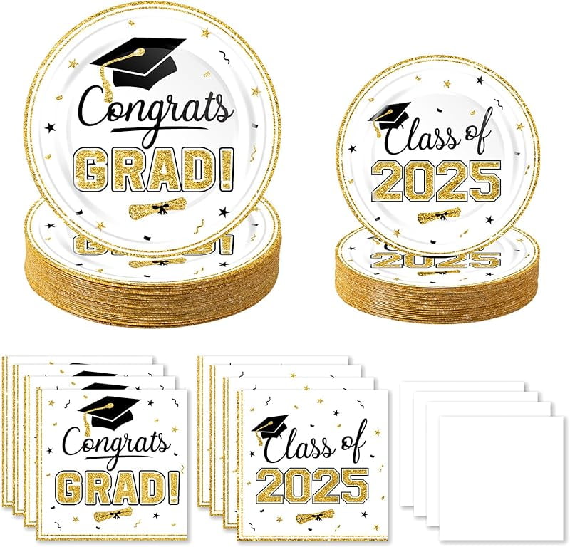 Graduation Party Supplies Tableware Set - 200 Pcs Black Gold Graduation ...