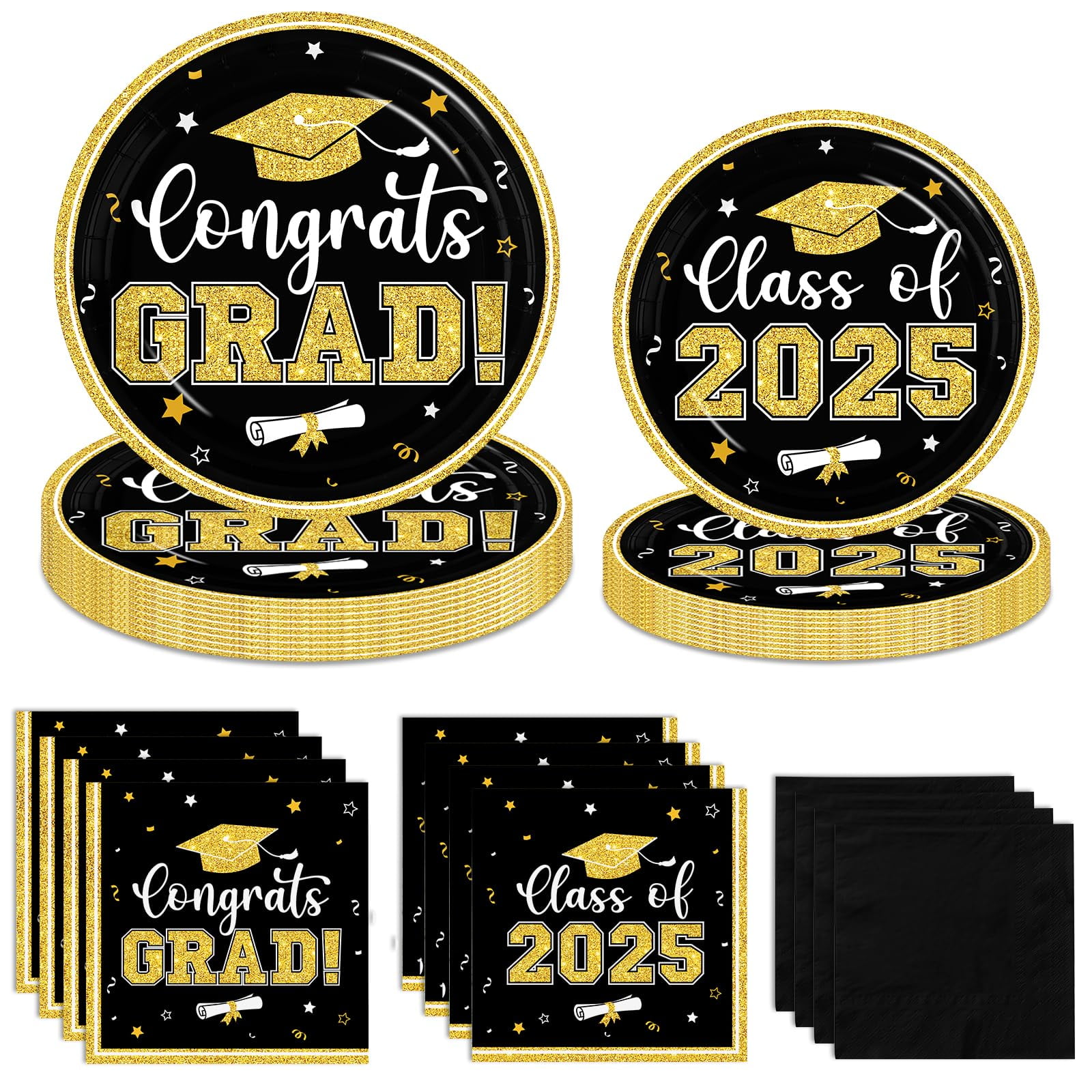 Graduation Plates and AJH3 Napkins 2025,Black and Gold Graduation ...