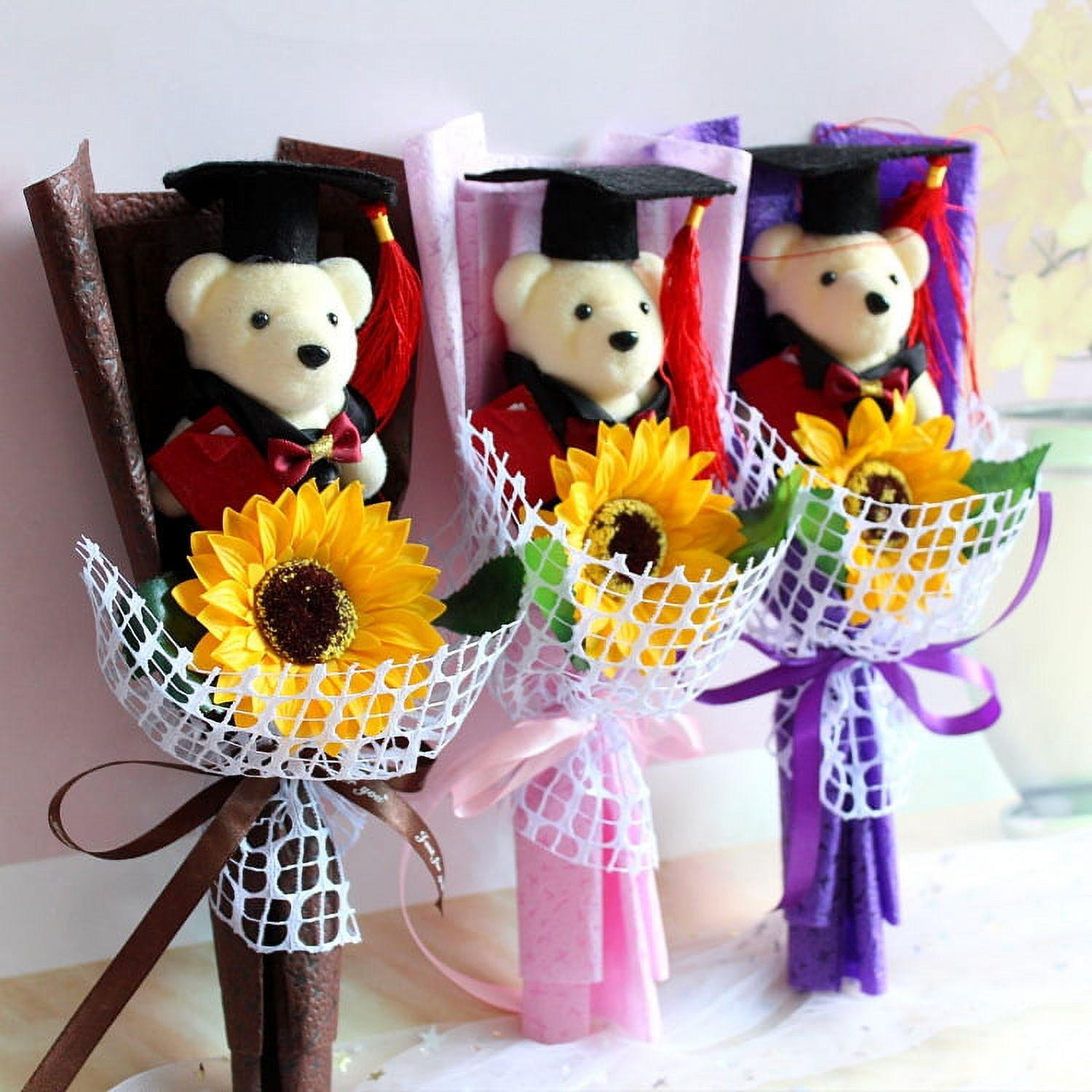 Acekid 12” Artificial Plush Multicolor Rose Graduation Bouquet ...
