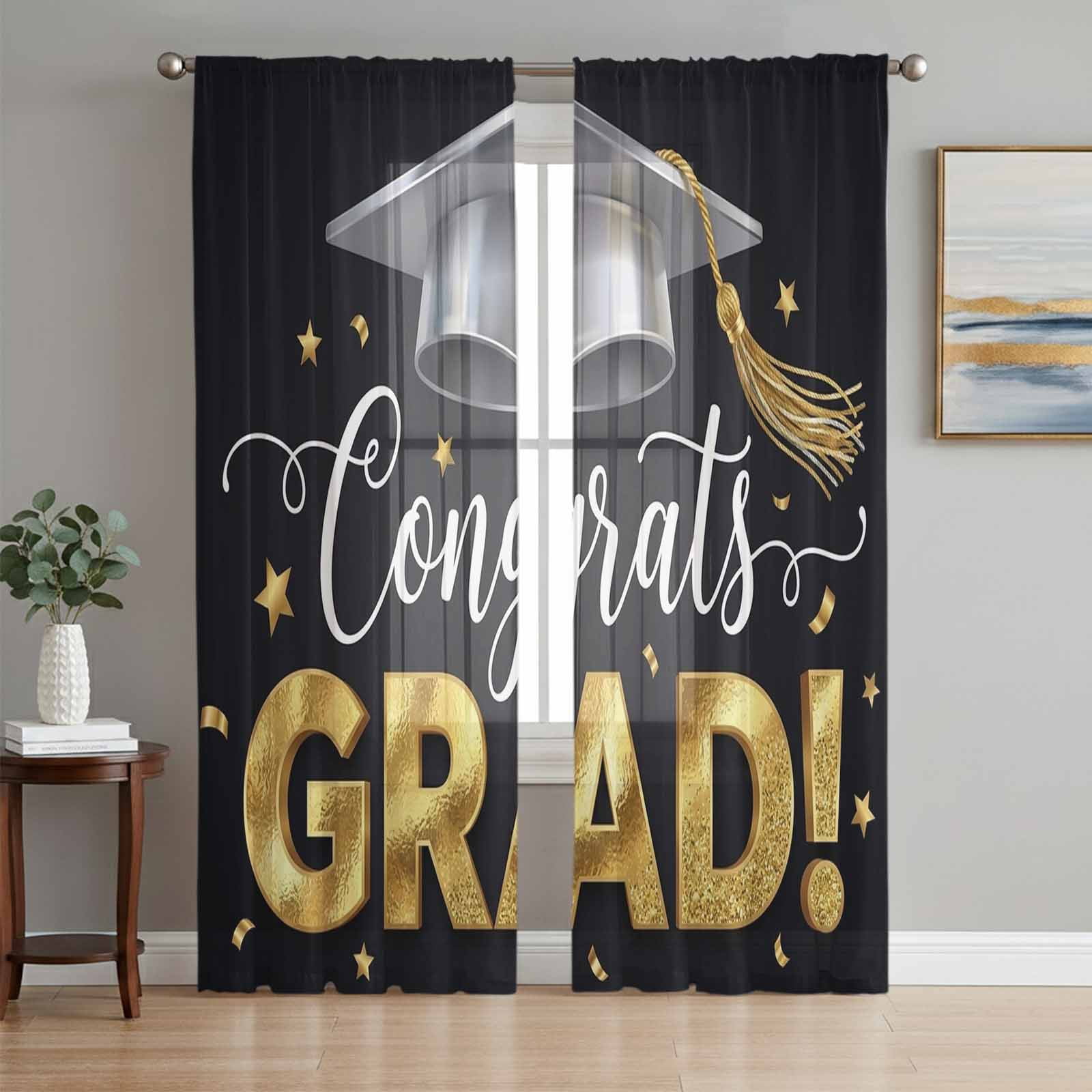 Graduation Sheer Curtains 63 Inch Length 2 Panels Set, School Grad Gold ...