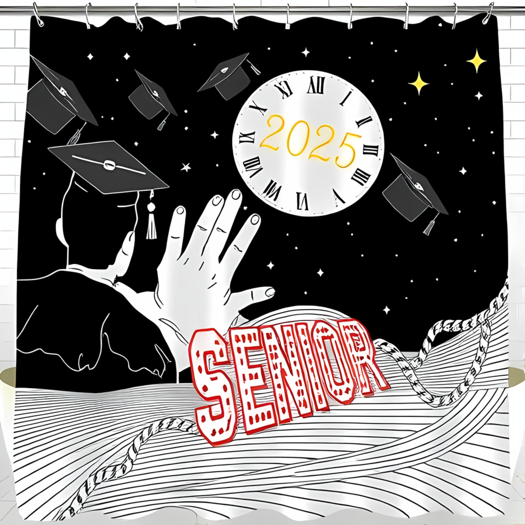 Graduation Shower Curtain - Stars Moon & Bold 'SENIOR' Design with Year ...