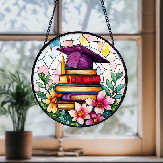 Graduation Cap and Books Stained Glass Suncatcher Window Hanging Gift ...
