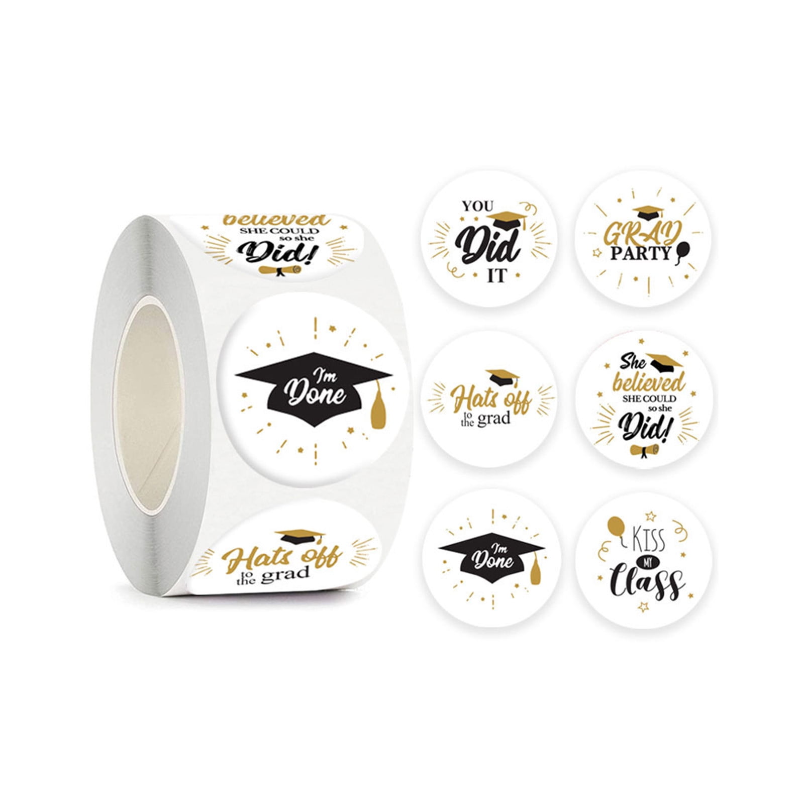 Graduation Stickers Roll, Round Adhesive Labels, Black Gold Graduation ...