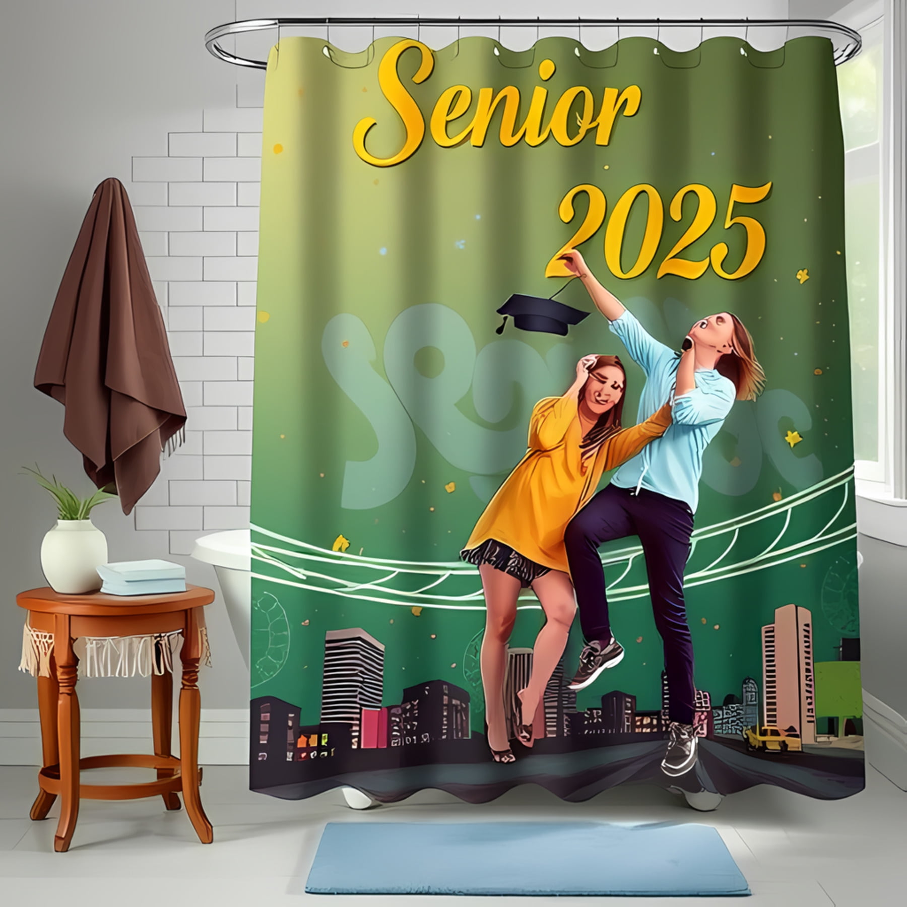 Graduation Theme Shower Curtain - Celebrating Senior 2025 with City ...