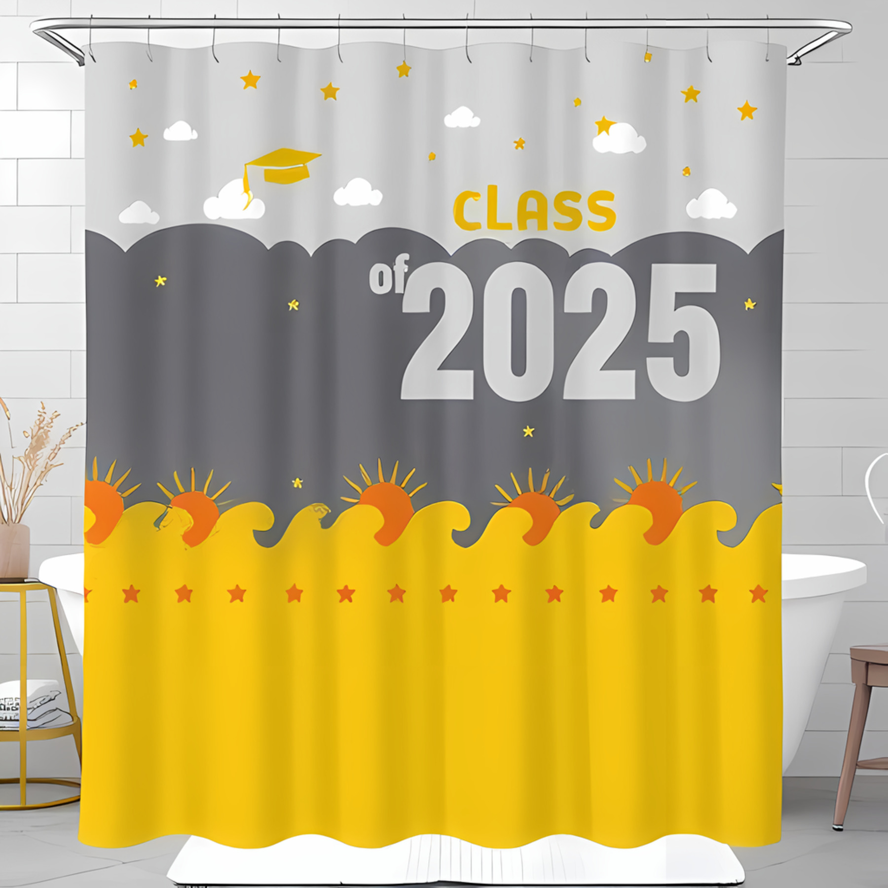 Graduation Theme Shower Curtain - Class of 2025 Design with Graduation ...