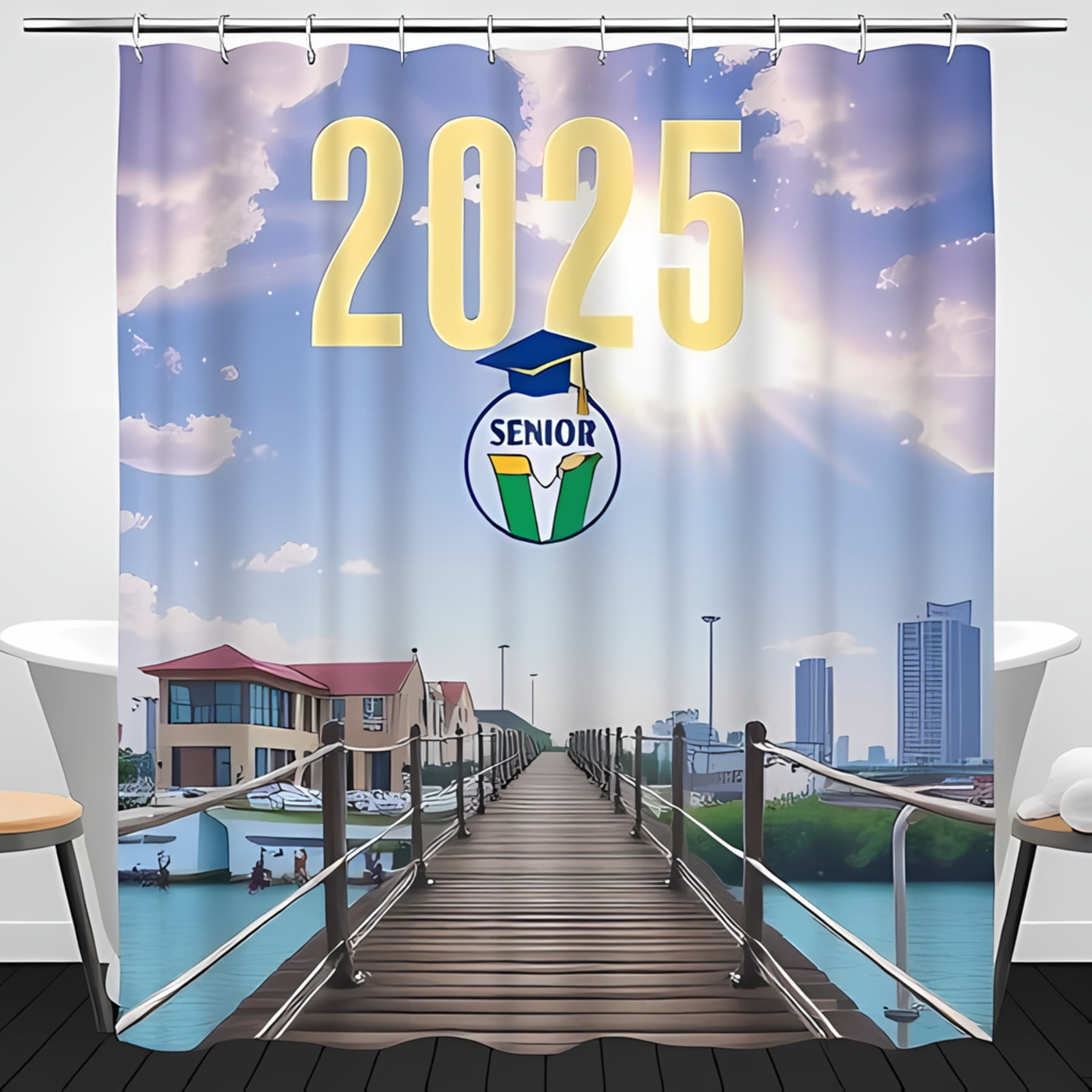Graduation Theme Shower Curtain - Wooden Walkway to & Diploma 2025 ...