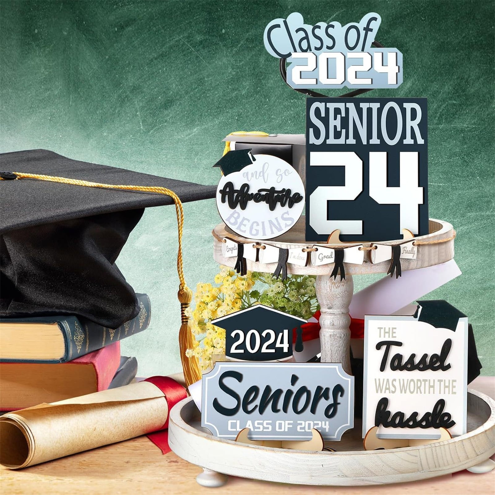Graduation Tiered Tray Decor Set Class Of 2024 Table Decorations Cap ...