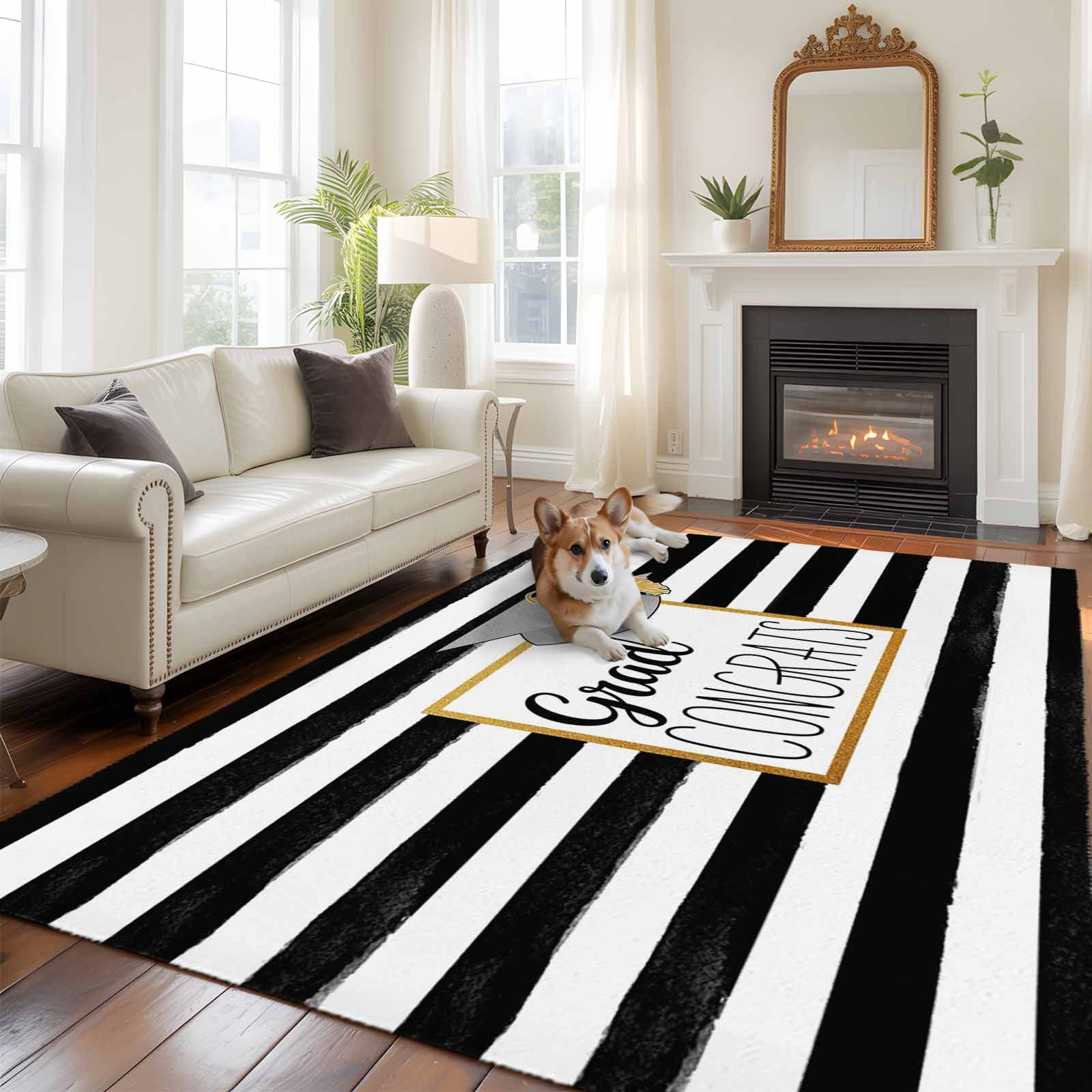Graduation Top Hat Large Area Rugs 6x9 ft White Black Striped Abstract ...