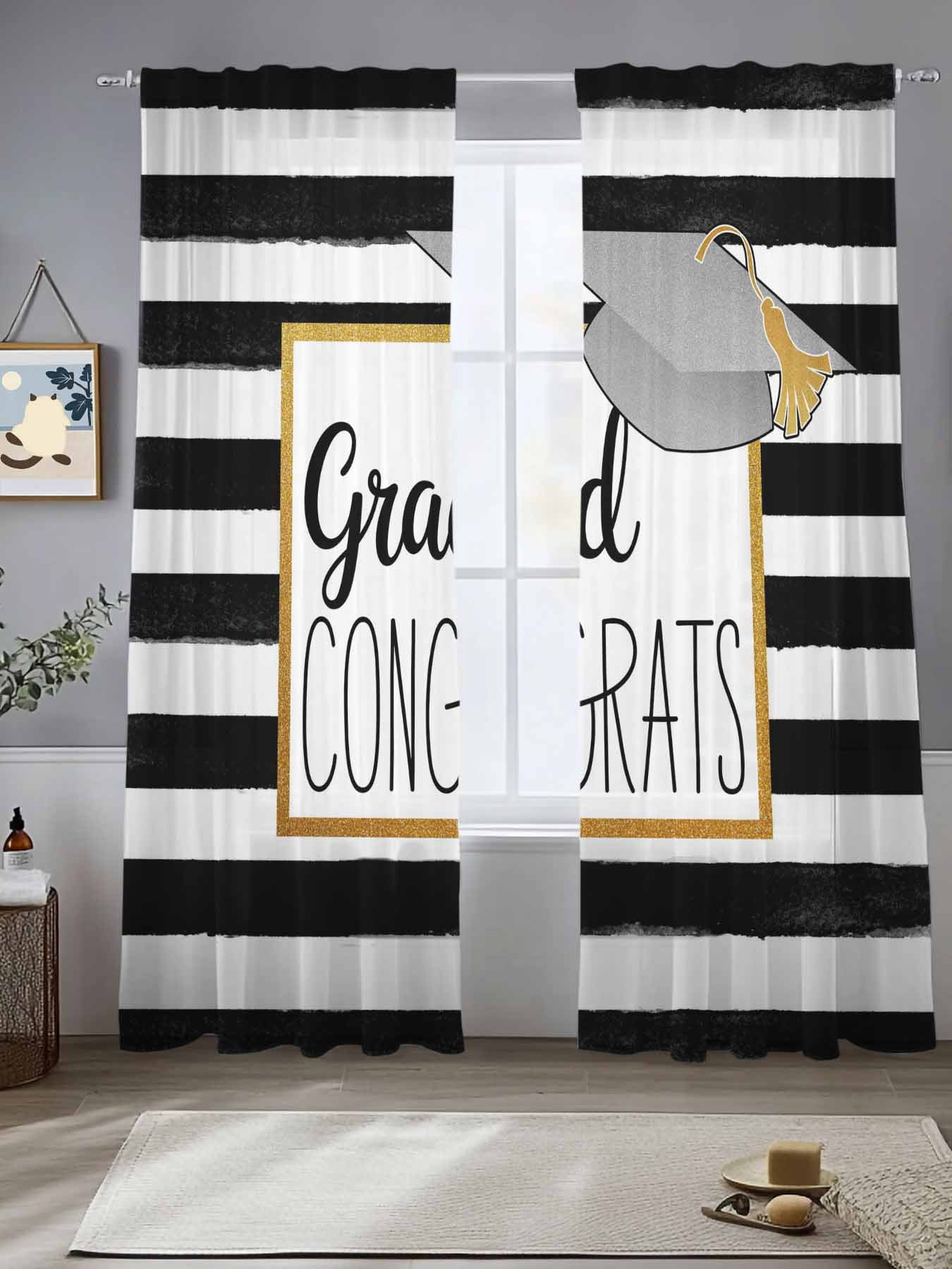 Graduation Top Hat Sheer Curtains 84 Inches Long 2 Panels White Black ...