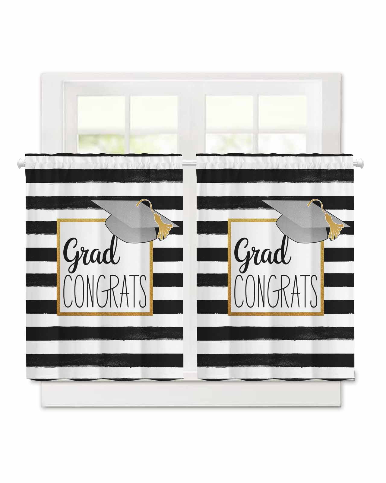Graduation Top Hat Short Blackout Curtains 24 Inch Long White Black ...