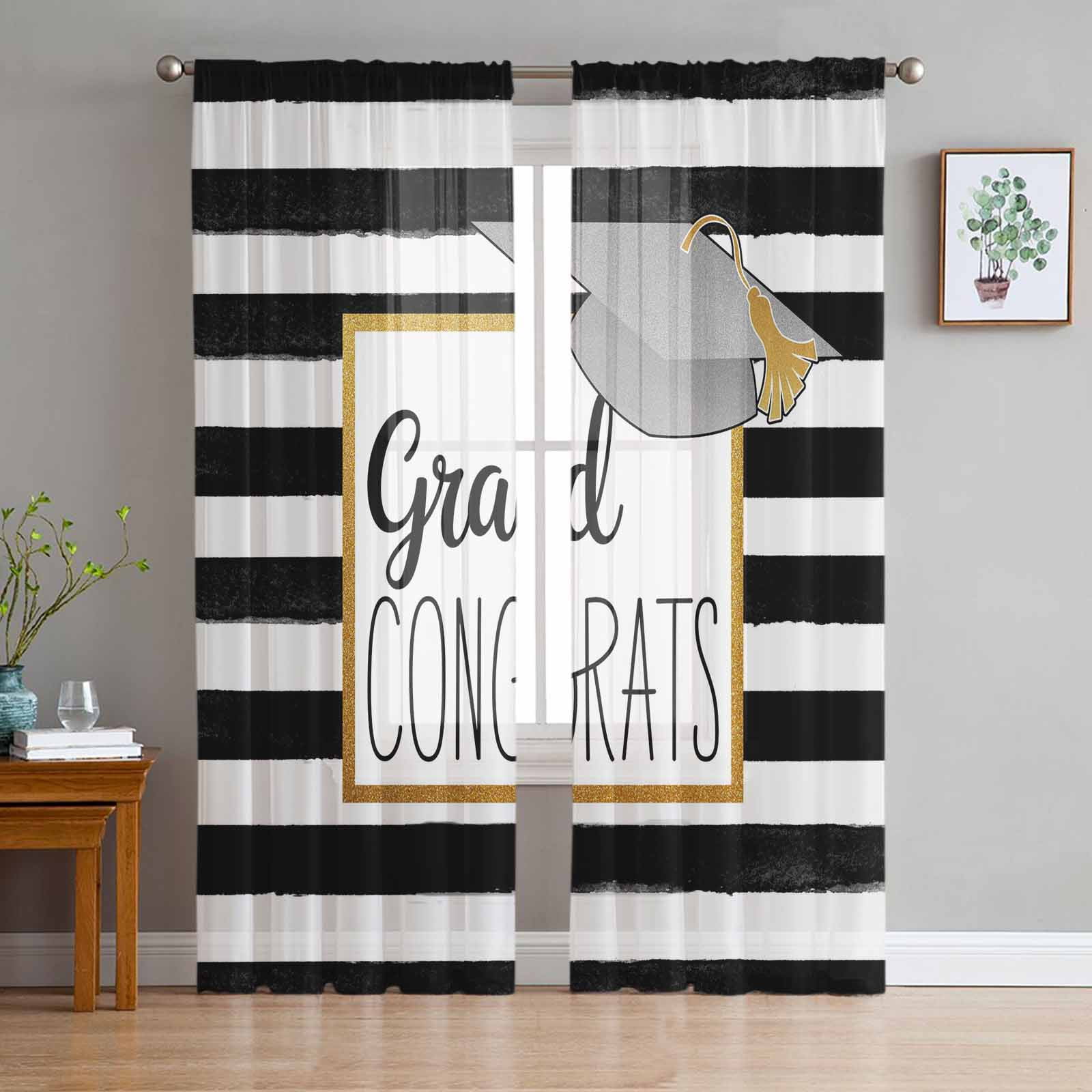 Graduation Trencher Cap Sheer Curtains 84 Inches Long 2 Panels Set ...