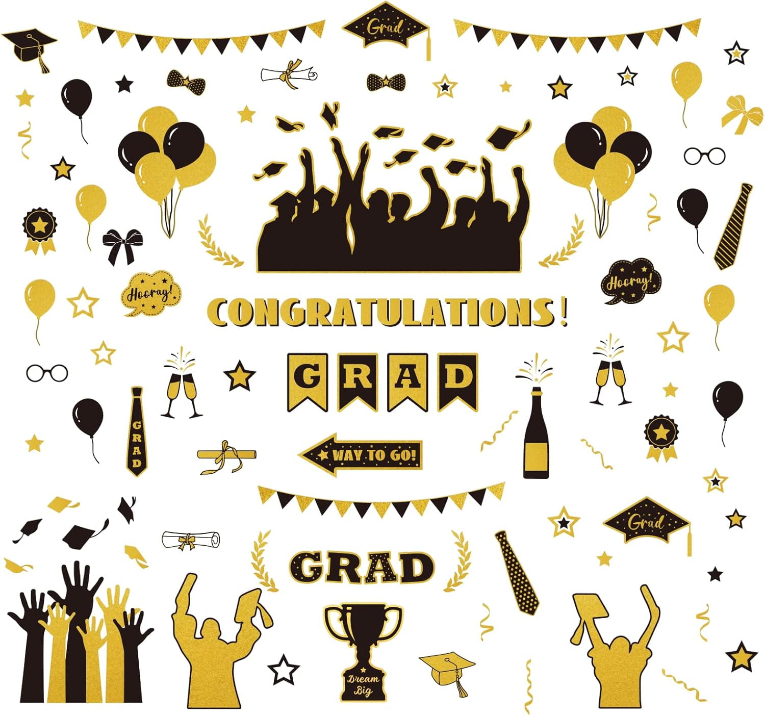 Graduation Wall Decal Sticker Large Black Gold Grad Party Window Decal ...