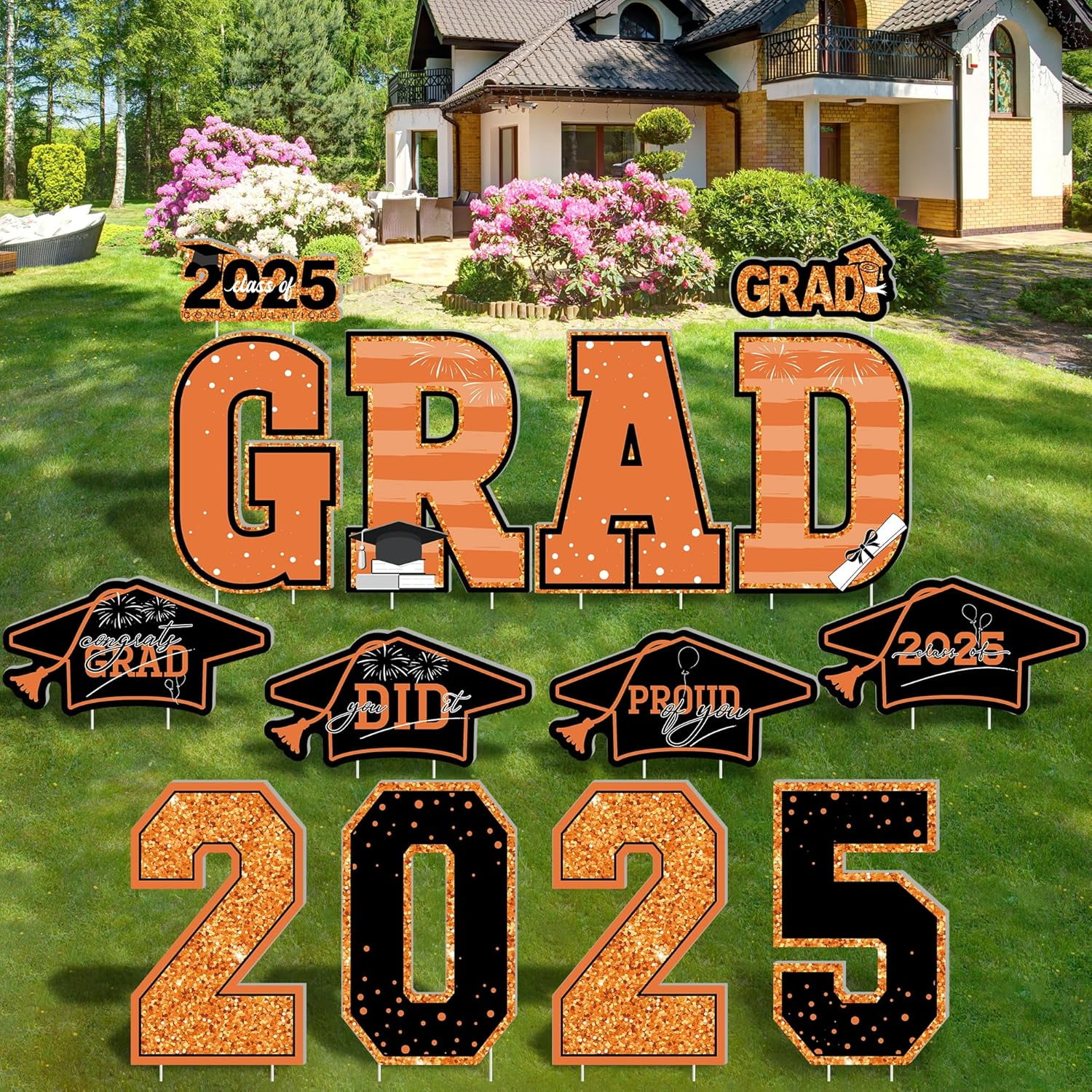 Graduation Yard Sign, 14 PCS Orange Large Congrats Grad Lawn Stakes ...