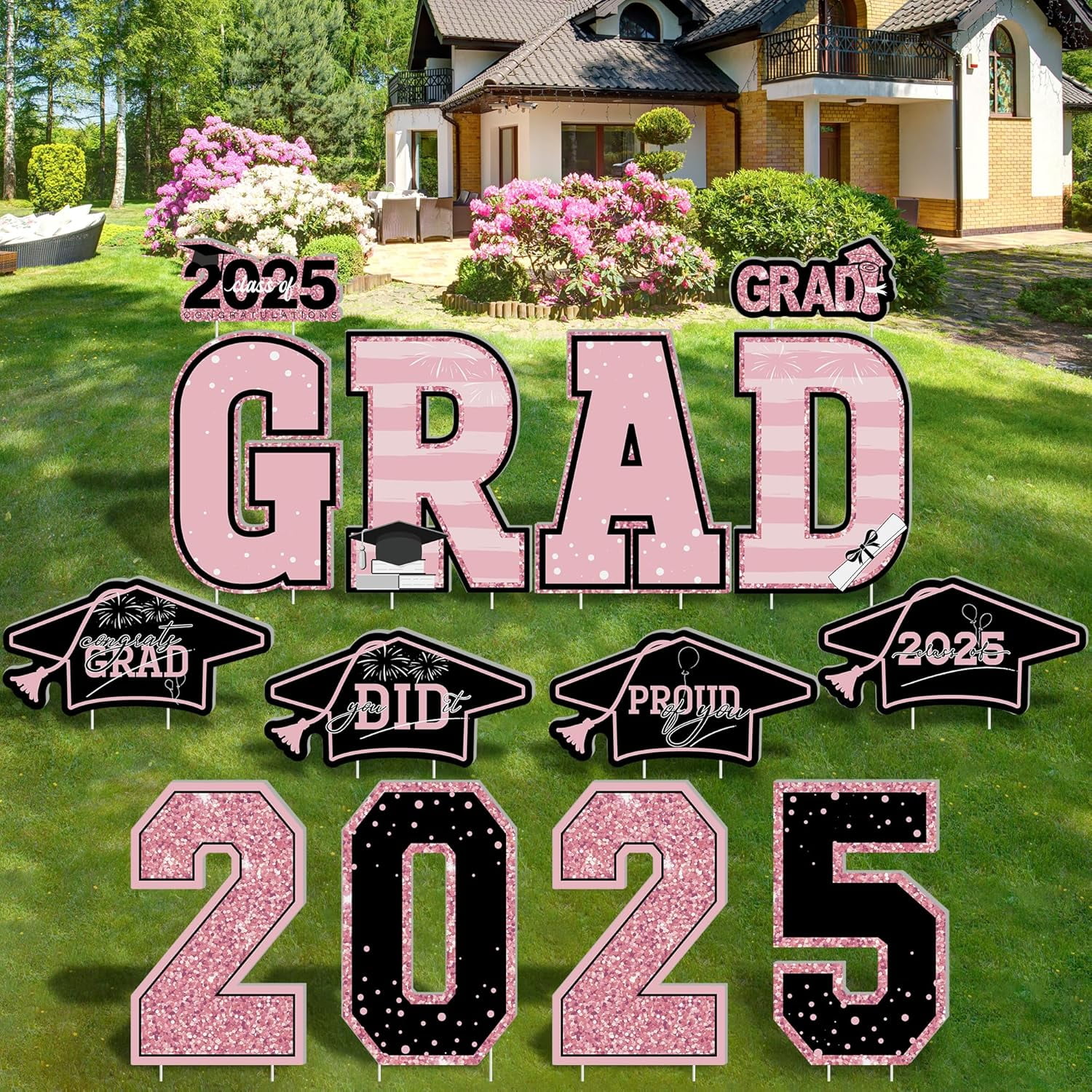 Graduation Yard Sign, 14 PCS Pink Large Congrats Grad Lawn Stakes ...