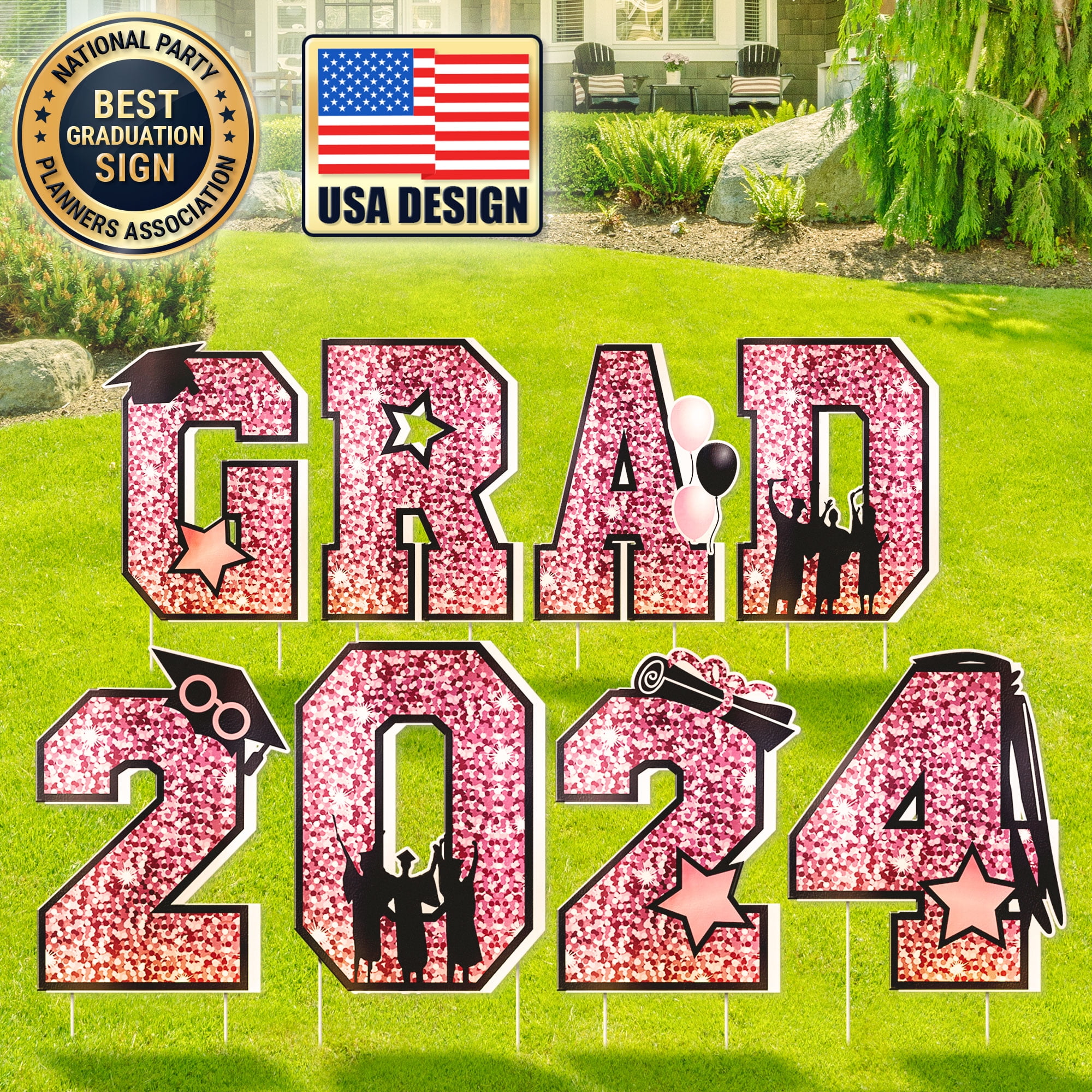 Graduation Yard Sign 2024, "2024 GRAD", Purple Pink Sign, 8 Sign Pieces ...