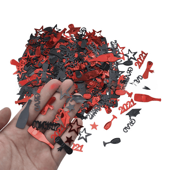 Graduation party paper scraps, doctor's hat rolls, wine glasses, wine ...