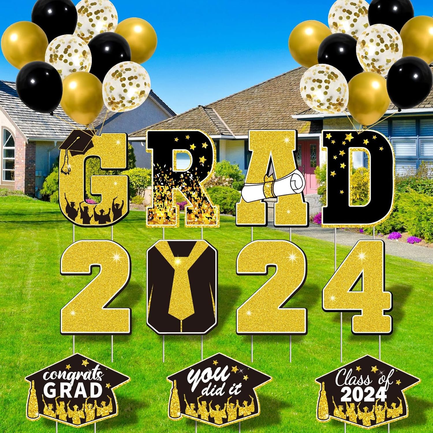 Graduation tions Class of 2024 Yard Sign, 30Pcs Large Size Gold&Black ...
