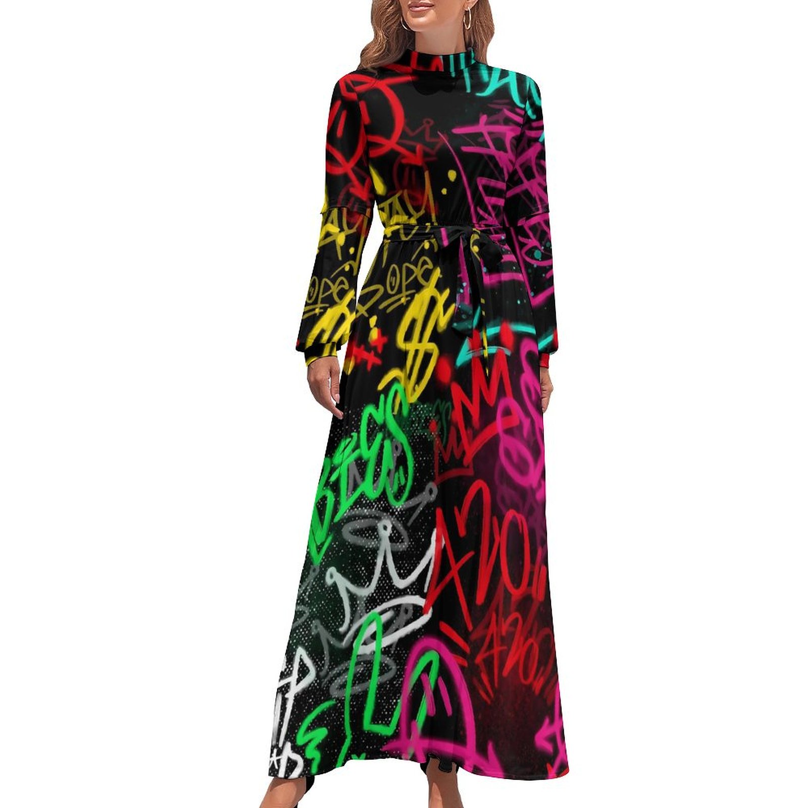 Graffiti Chaos Dress Colorful Print Party Maxi Dress Streetwear Boho ...