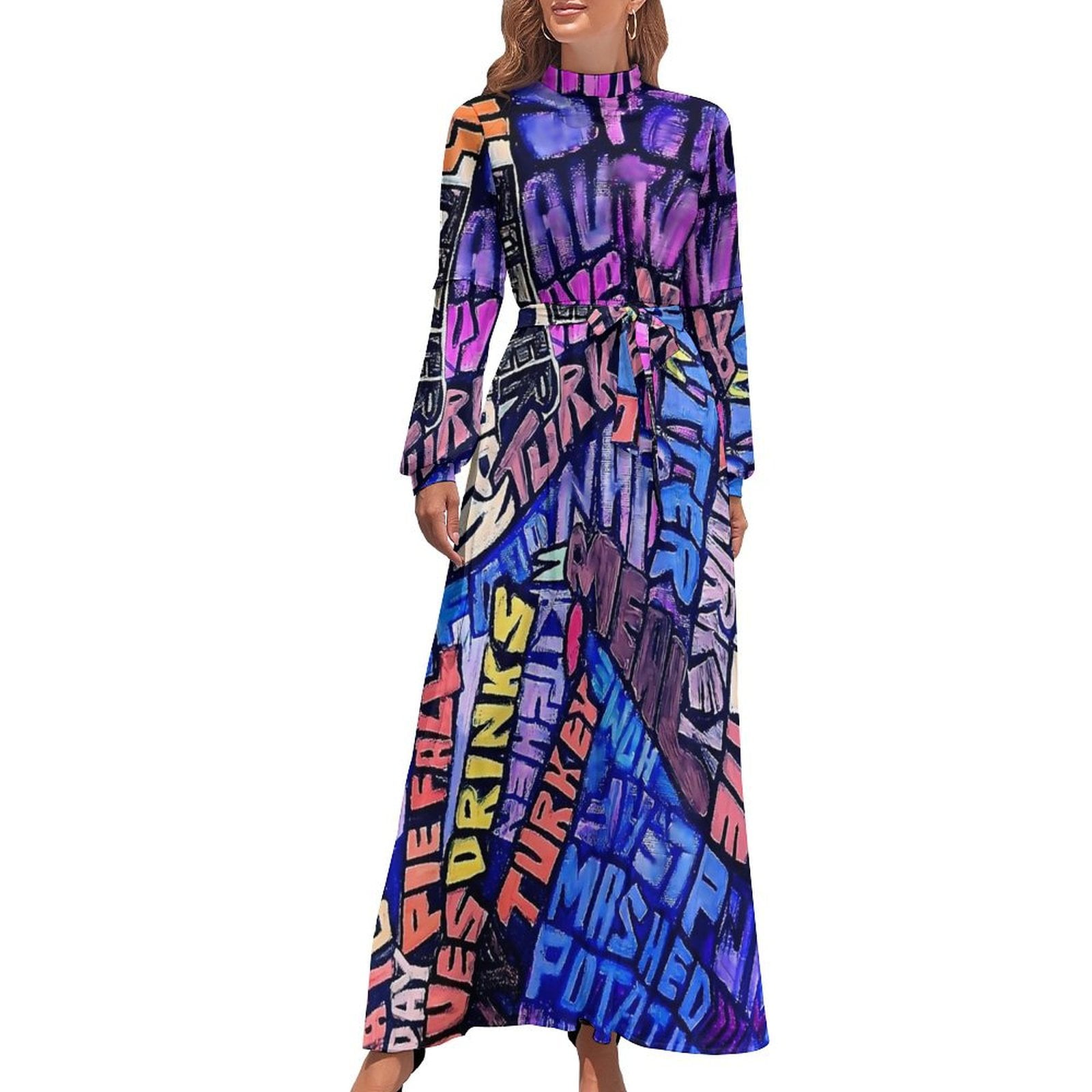 Graffiti Colorful Print Dress High Neck Graphic Beach Dresses Long ...